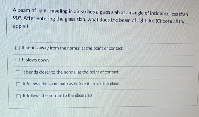 Solved A beam of light traveling in air strikes a glass slab | Chegg.com