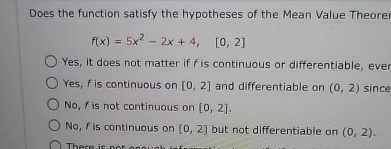 Solved Does the function satisfy the hypotheses of the Mean | Chegg.com