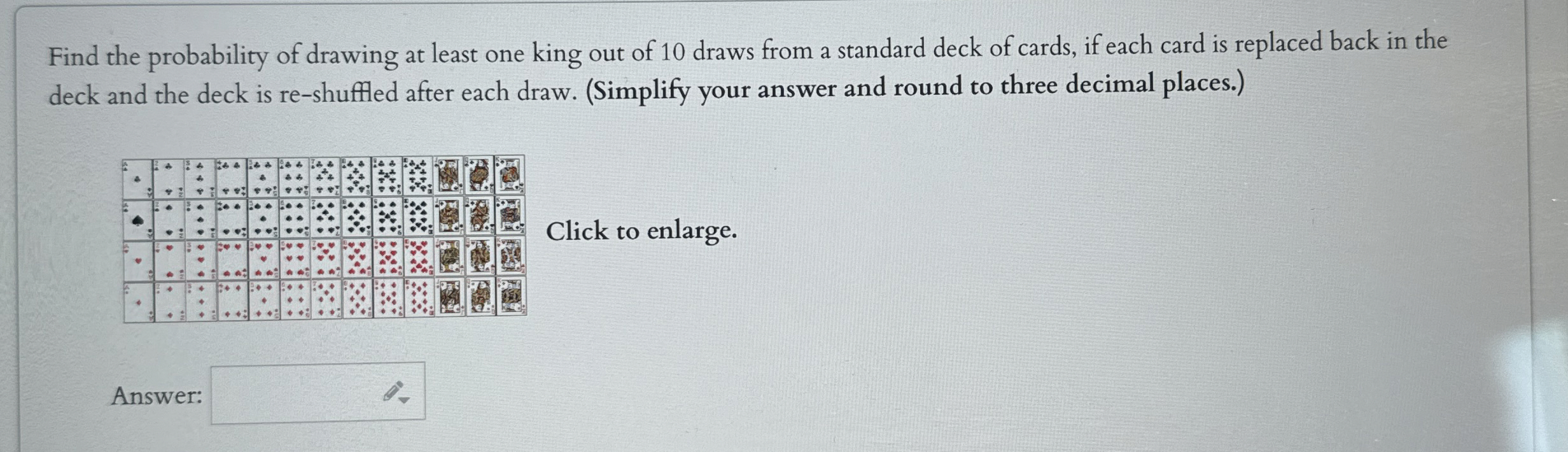 Solved by an EXPERT Find the probability of drawing at least one king out | Chegg.com