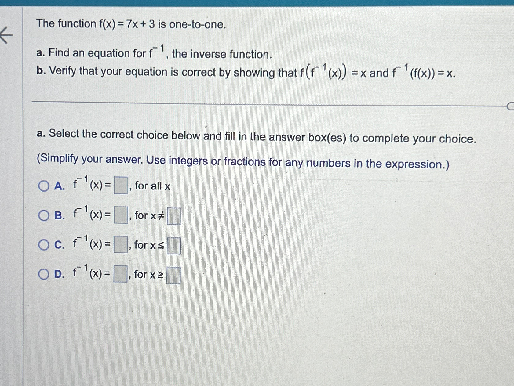 Solved The function f(x)=7x+3 ﻿is one-to-one.a. ﻿Find an | Chegg.com