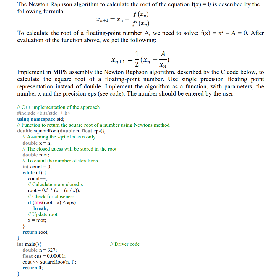 Solved The Newton Raphson algorithm to calculate the root of | Chegg.com