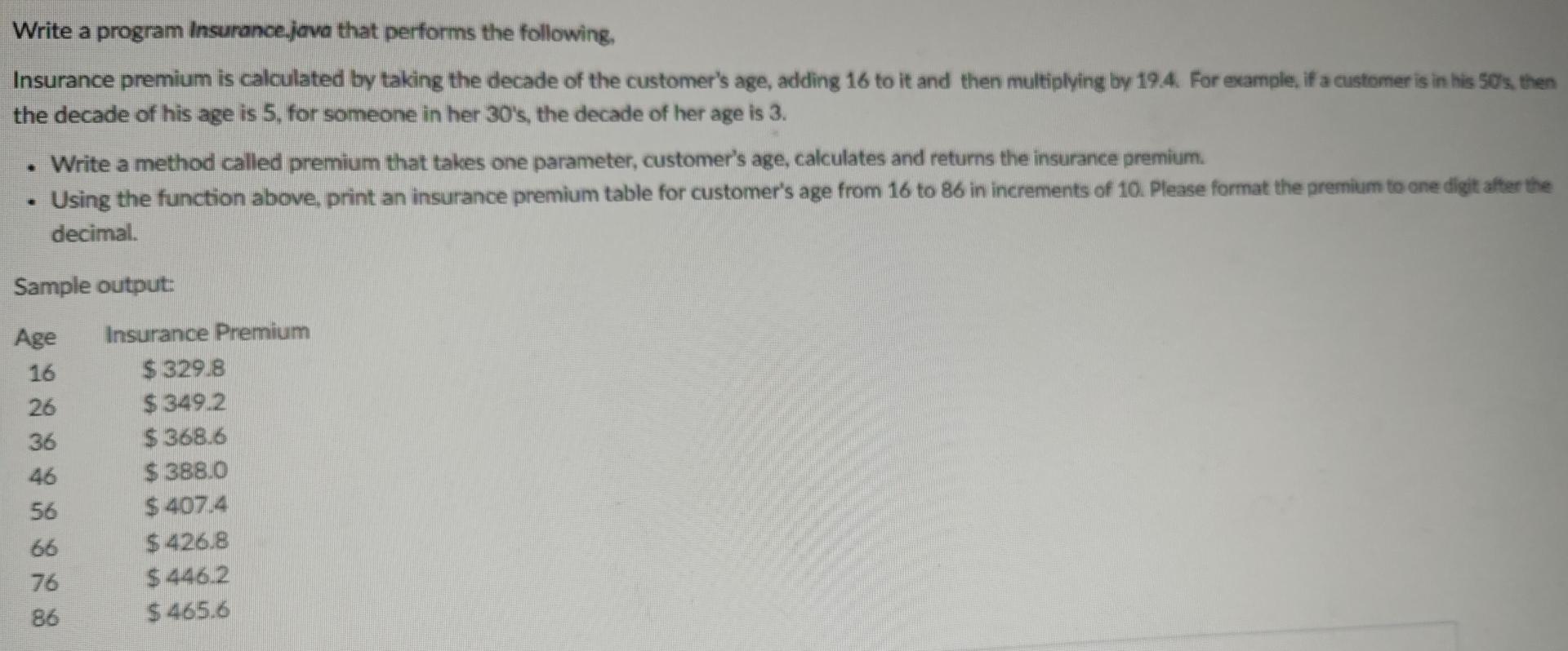 Solved Write a program Insurance.jova that performs the | Chegg.com