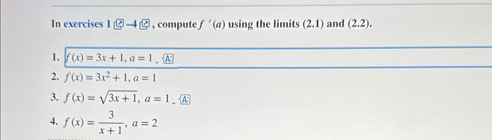 Solved In exercises , ﻿compute f'(a) ﻿using the limits (2.1) | Chegg.com