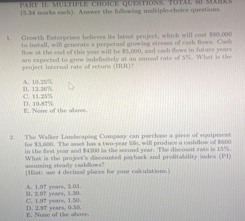 Solved PART II: MULTIPLE CHOICE QUESTIONS. TOTAL 80 MARKS | Chegg.com