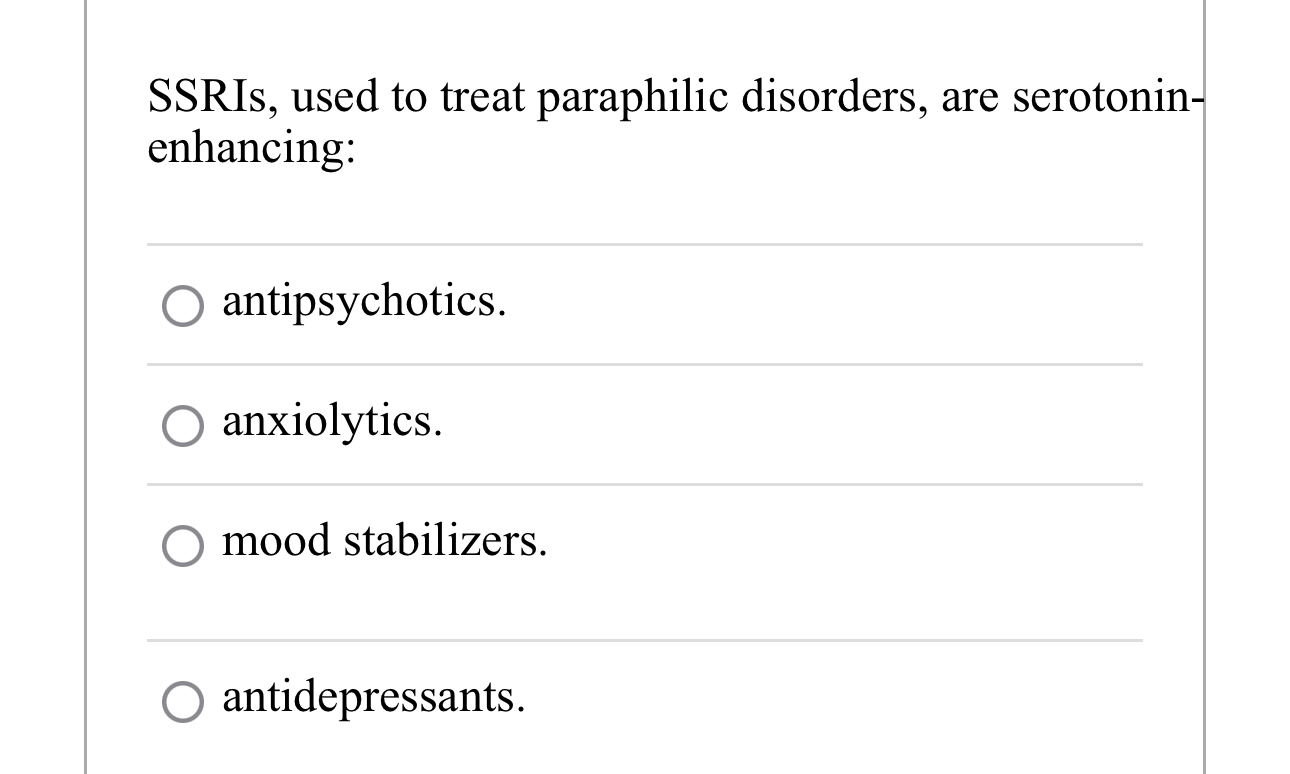 Solved SSRIs, used to treat paraphilic disorders, are | Chegg.com