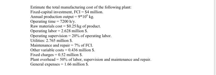 Solved Estimate the total manufacturing cost of the | Chegg.com