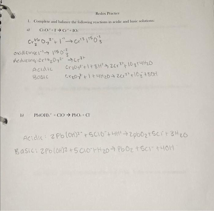 Solved Balancing Redox Reactions Balance the following redox | Chegg.com