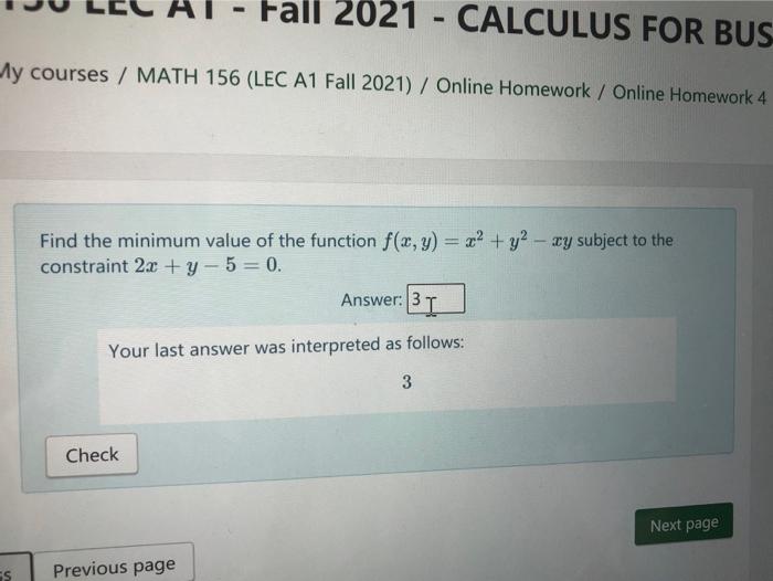 Solved Fall 2021 - CALCULUS FOR BUS My courses / MATH 156 | Chegg.com