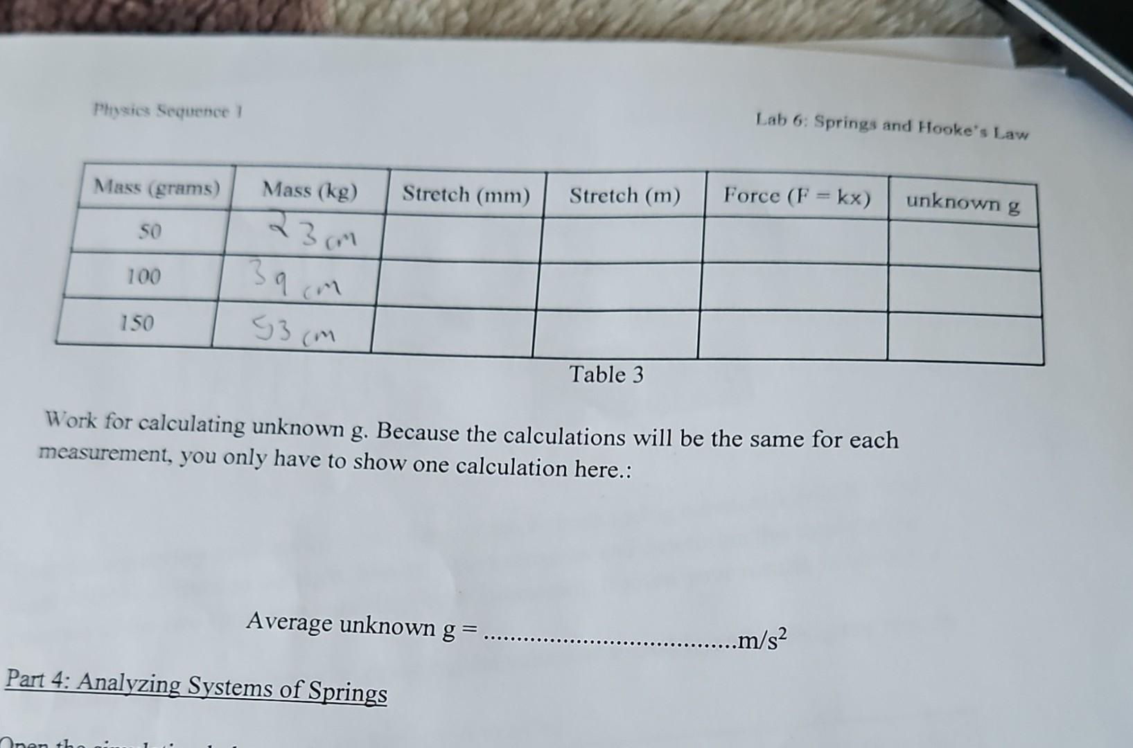 Physics Sequence I Lab 6: Springs and Hooke's Law | Chegg.com