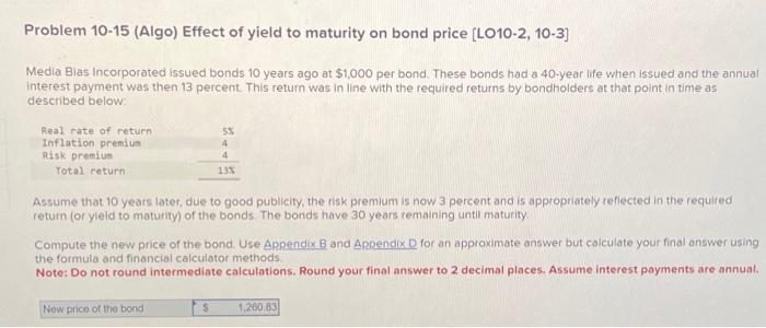 Solved Problem 10-15 (Algo) Effect of yield to maturity on | Chegg.com
