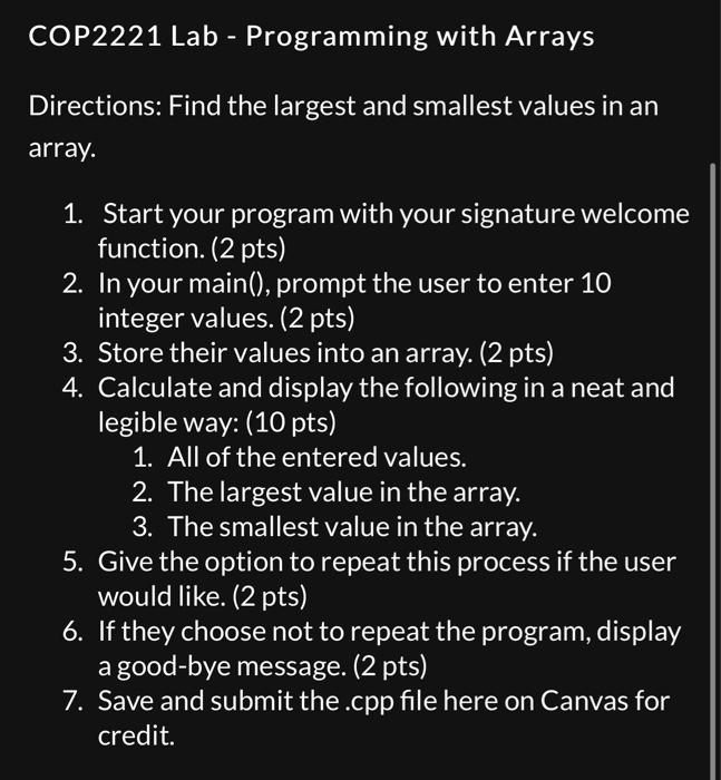 Solved COP2221 Lab - Programming with Arrays Directions: | Chegg.com