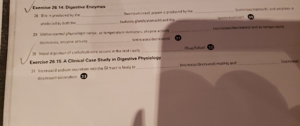 Solved Exercise 26 14: Digestive Enzymes 28 Bile is produced | Chegg.com Solved Exercise 26 14: Digestive Enzymes 28 Bile is produced | Chegg.com