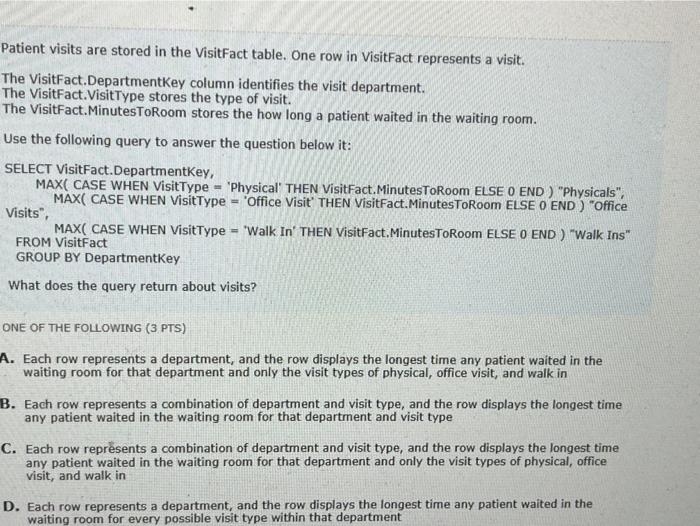 Solved Patient visits are stored in the VisitFact table. One | Chegg.com