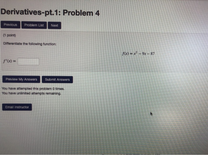 Solved Derivatives-pt.1: Problem 4 Previous Problem List | Chegg.com