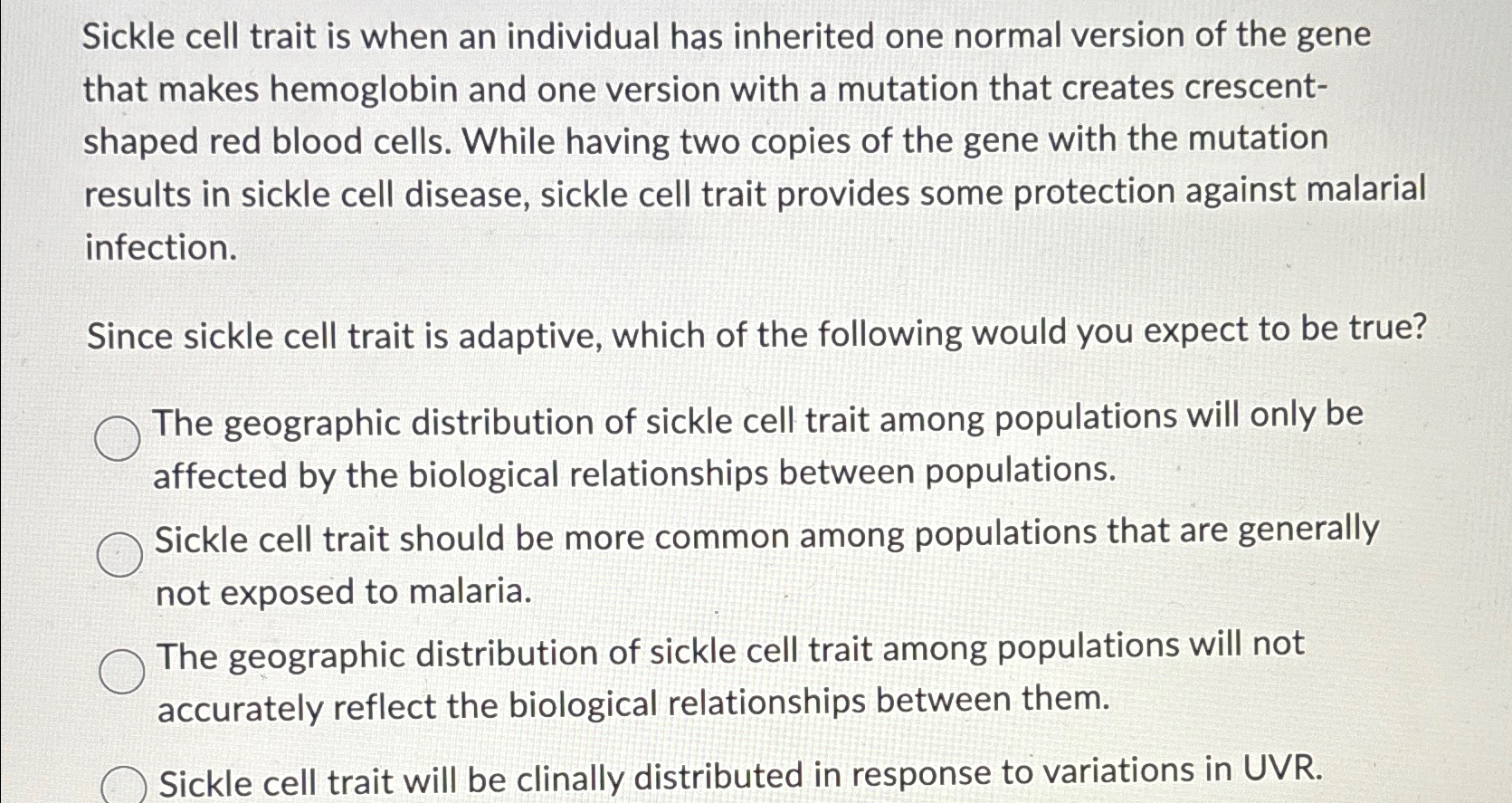 Solved Sickle cell trait is when an individual has inherited | Chegg.com