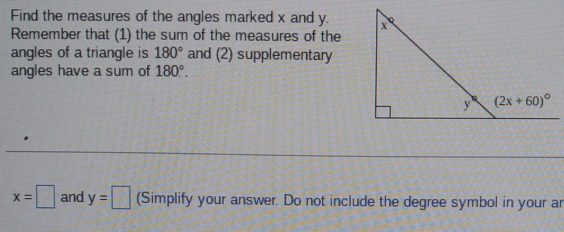 Solved Find the measures of the angles marked x and y. | Chegg.com