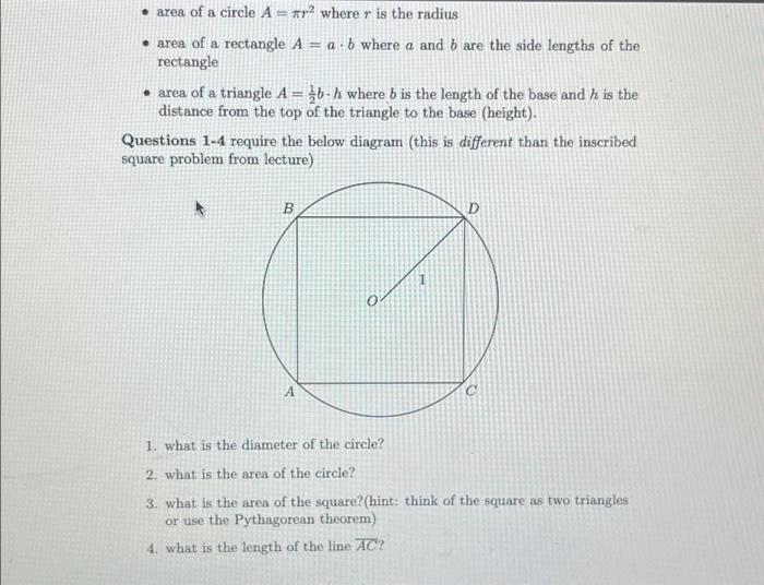 Solved area of a circle A = Tr² where r is the radius N area | Chegg.com