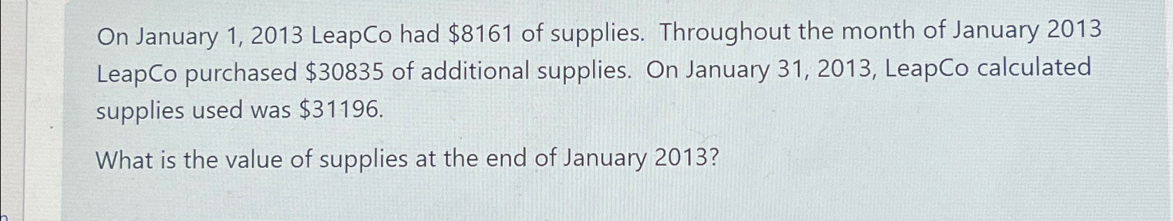 Solved On January 1, 2013 ﻿LeapCo had $8161 ﻿of supplies. | Chegg.com