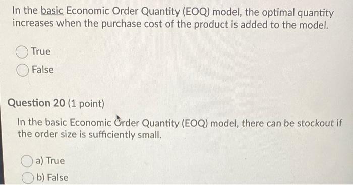 Solved In the basic Economic Order Quantity (EOQ) model, the | Chegg.com