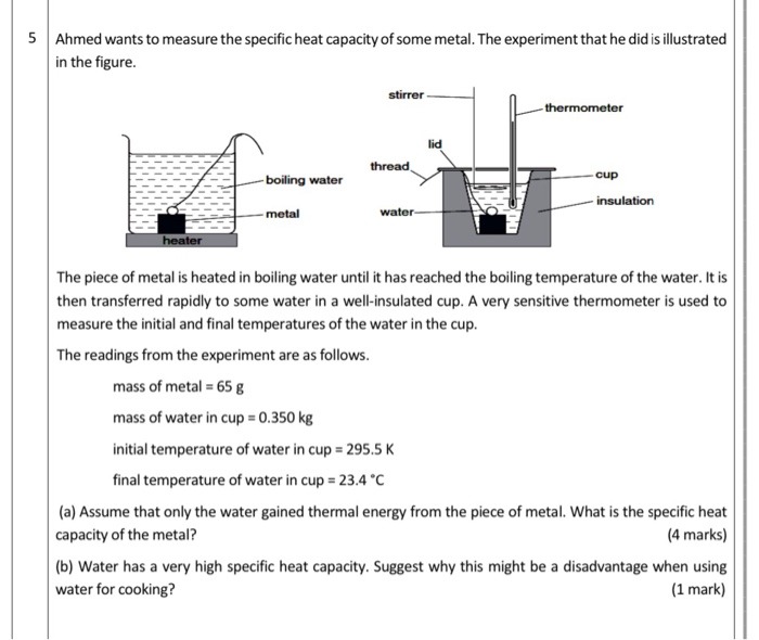 Solved 5 Ahmed wants to measure the specific heat capacity | Chegg.com