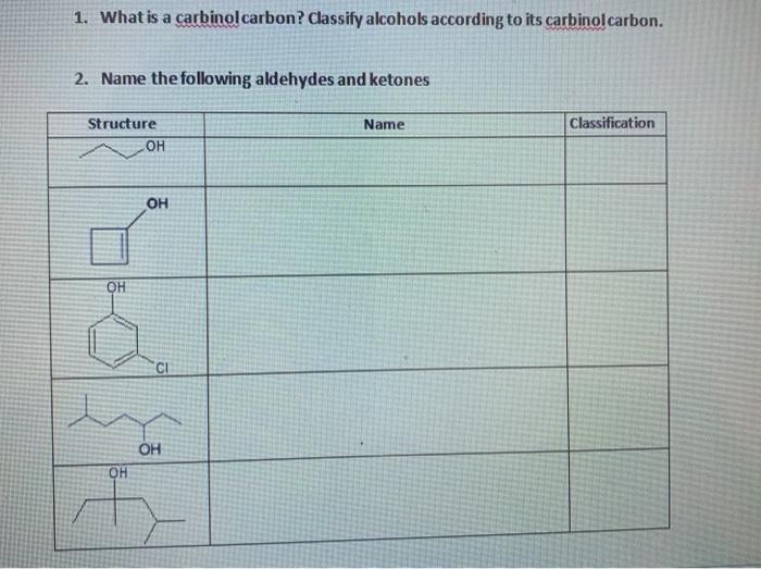 Solved 1. What is a carbinol carbon? Classify alcohols | Chegg.com