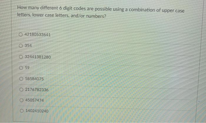 Solved How many different 6 digit codes are possible using a | Chegg.com