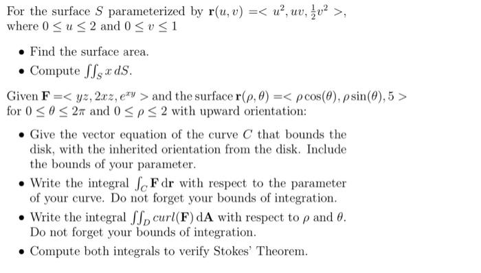 Solved For the surface S parameterized by r(u, v)
