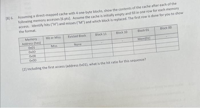 Solved 8) 6. Assuming a direct-mapped cache with 4 one-byte | Chegg.com