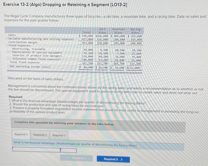 Solved Exercise 13−2 (Algo) Dropping or Retaining a Segment | Chegg.com