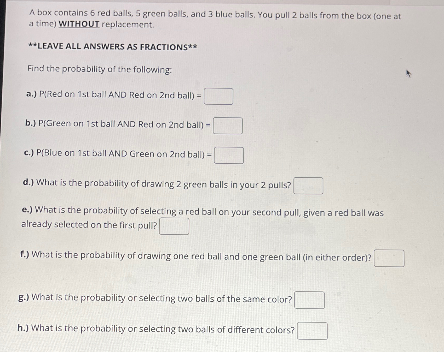 Solved A box contains 6 ﻿red balls, 5 ﻿green balls, and 3 | Chegg.com