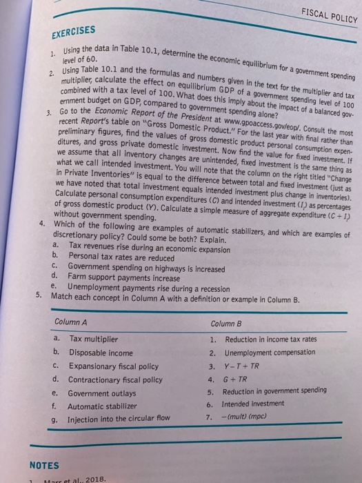 Solved FISCAL POLICY EXERCISES ta in Table 10.1, determine | Chegg.com