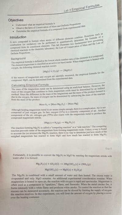 Solved Experiment 5 Empirical Formula Report Sheet Here are | Chegg.com