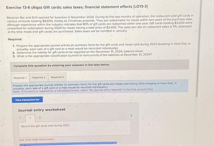 Solved Exercise 13-6 (Algo) Gift cards; sales taxes; | Chegg.com