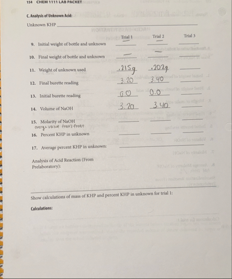 Acid-Base titrationUnknown KHPTrial 1: find the | Chegg.com