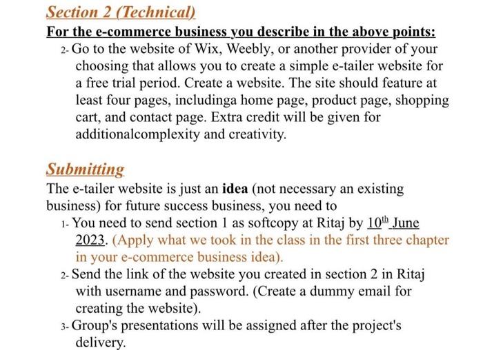 Section 2 (Technical). For the e-commerce business | Chegg.com