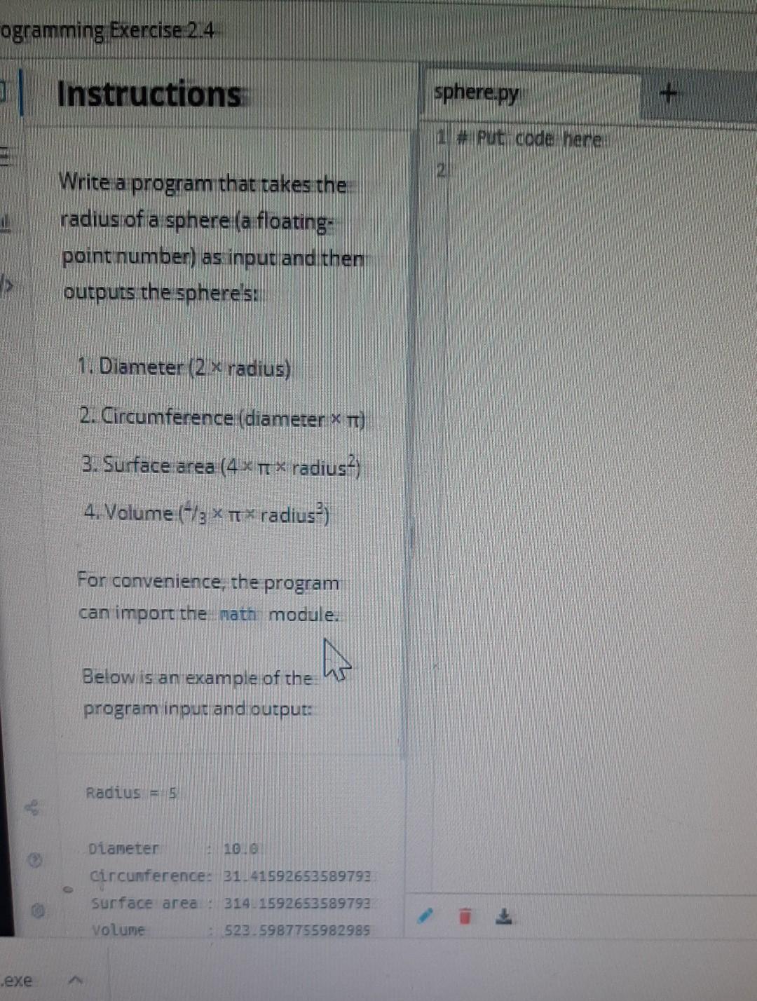 Solved ogramming Exercise 224 | Instructions sphere.py + 1 # | Chegg.com