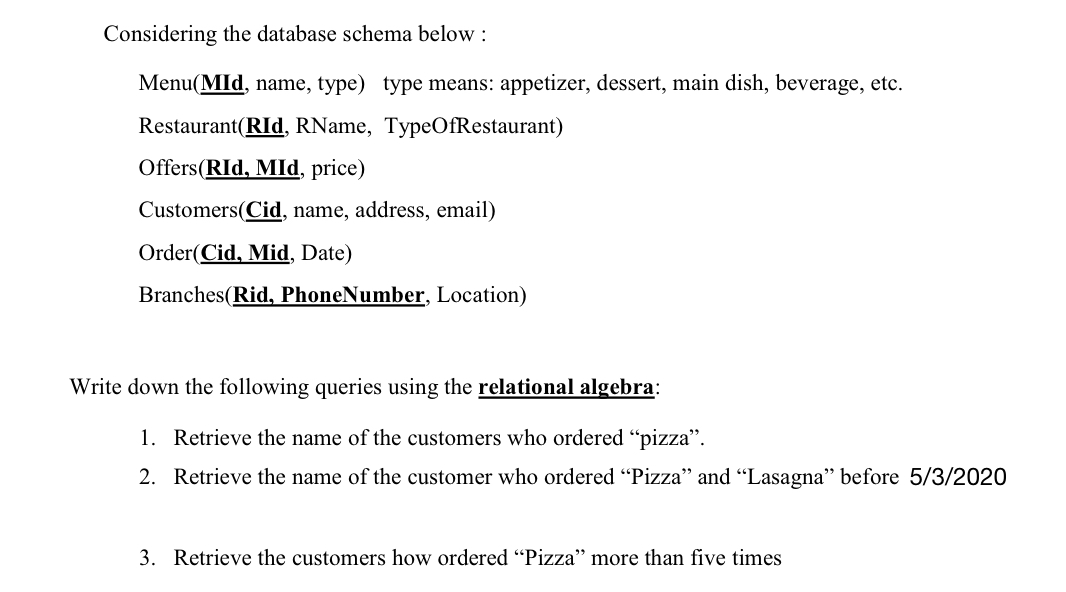 Solved Considering the database schema below :Menu(MId, | Chegg.com