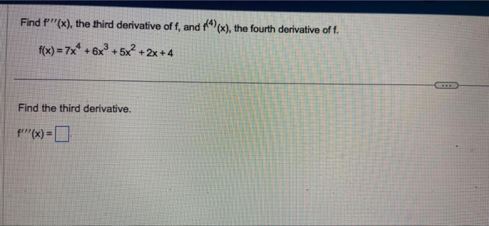 Solved Find f′′′(x), the third derivative of f, and f(4)(x), | Chegg.com