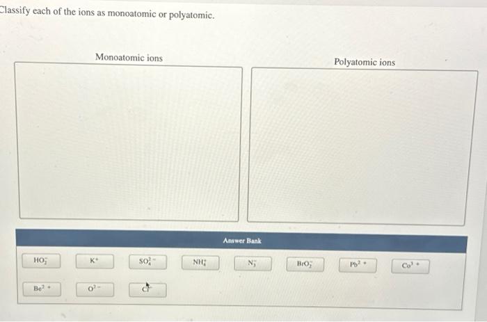 Solved Classify each of the ions as monoatomic or | Chegg.com