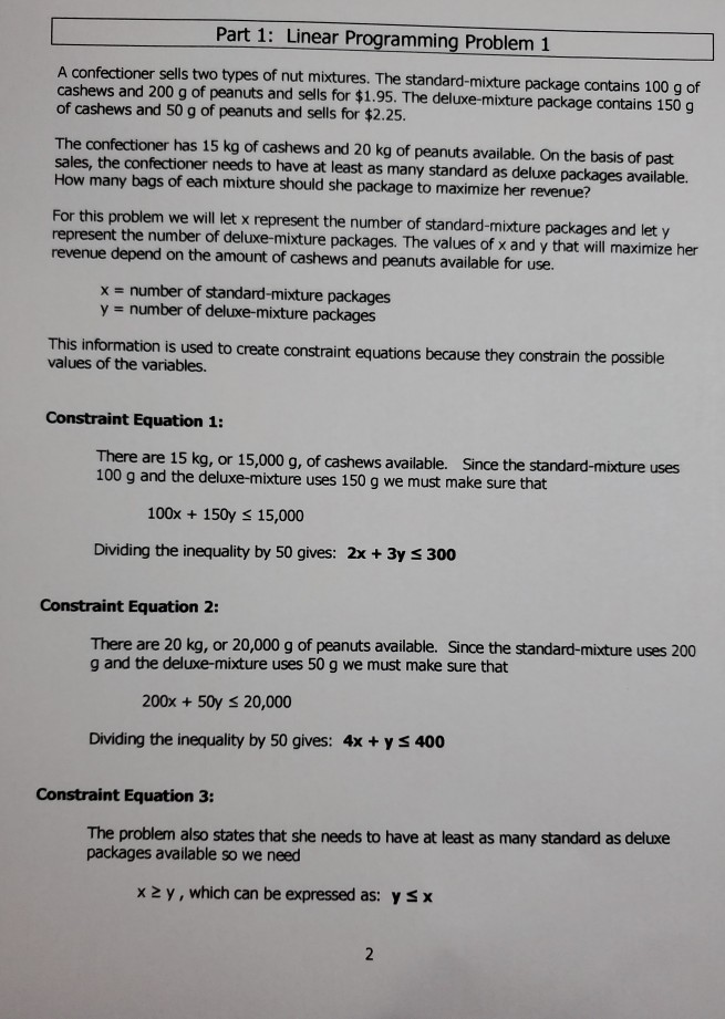Solved Part 1: Linear Programming Problem 1 A confectioner | Chegg.com