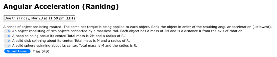 Solved Angular Acceleration (Ranking)Due this Friday, Mar 28 | Chegg.com