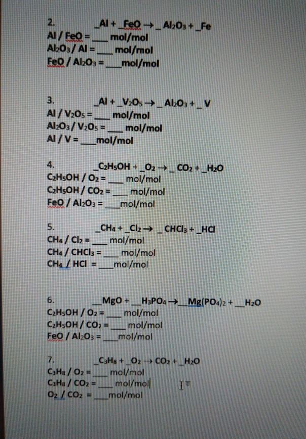 Solved 2 AL+ FeO-_Al2O3 + _Fe Al/ FeO = mol/mol Al2O3/AI= | Chegg.com