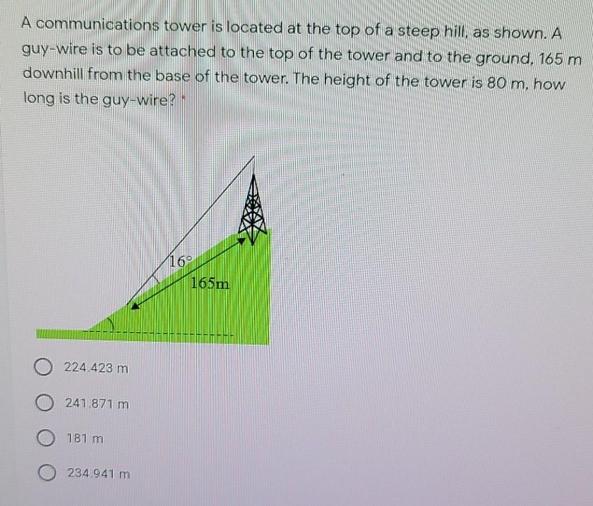 Solved A 127 foot tower is located on a hill. A guy-wire is | Chegg.com