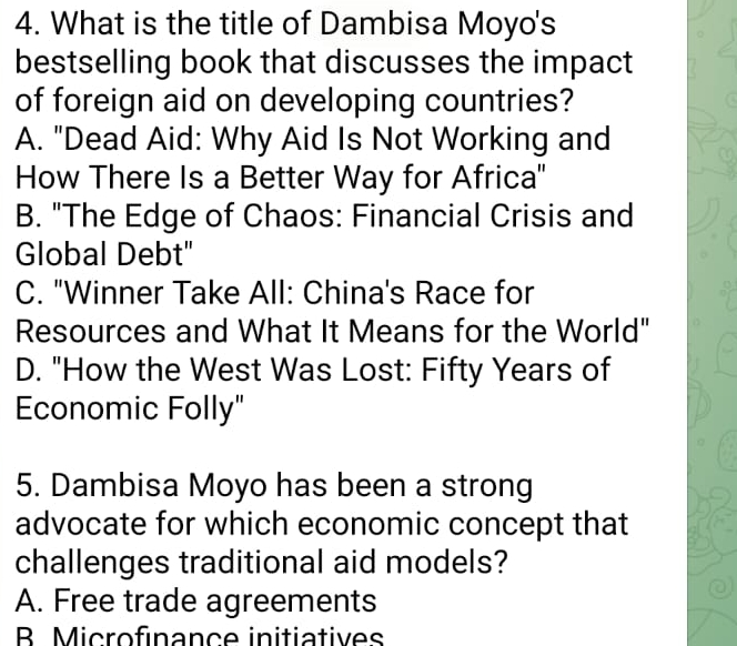 Solved Economics: What is the title of Dambisa Moyo's | Chegg.com