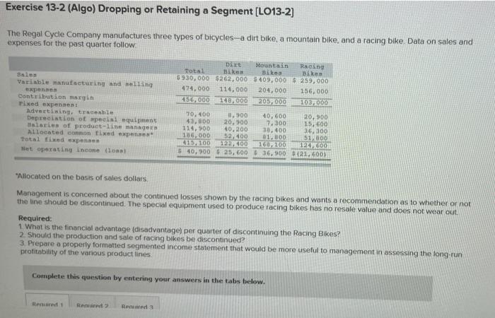 Solved Exercise 13-2 (Algo) Dropping or Retaining a Segment | Chegg.com