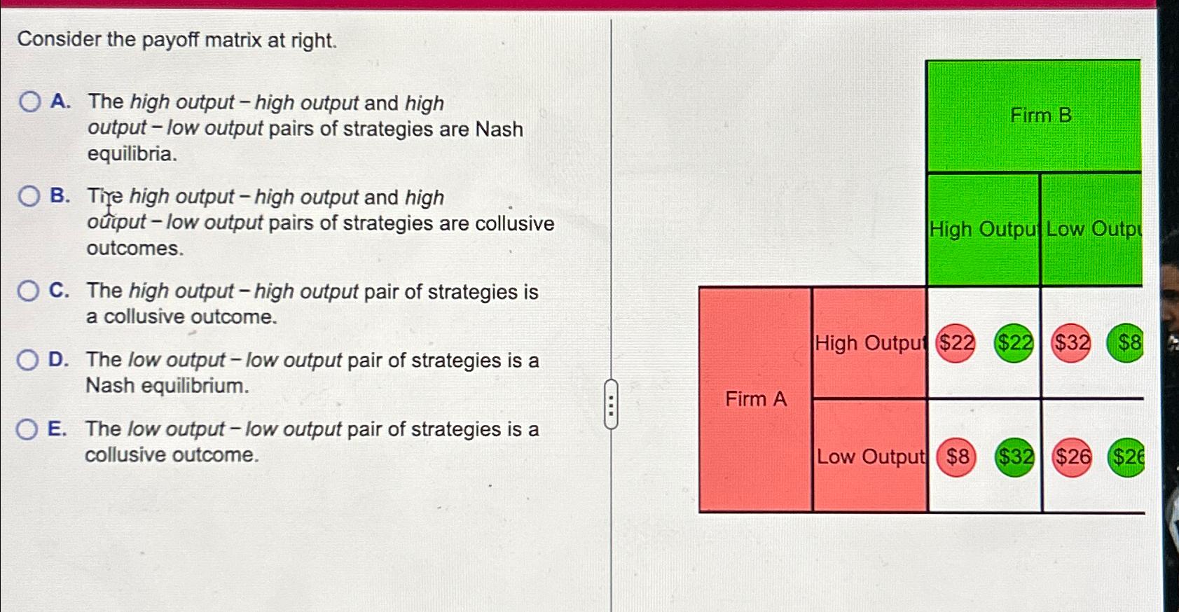 Solved Consider the payoff matrix at right.A. ﻿The high | Chegg.com