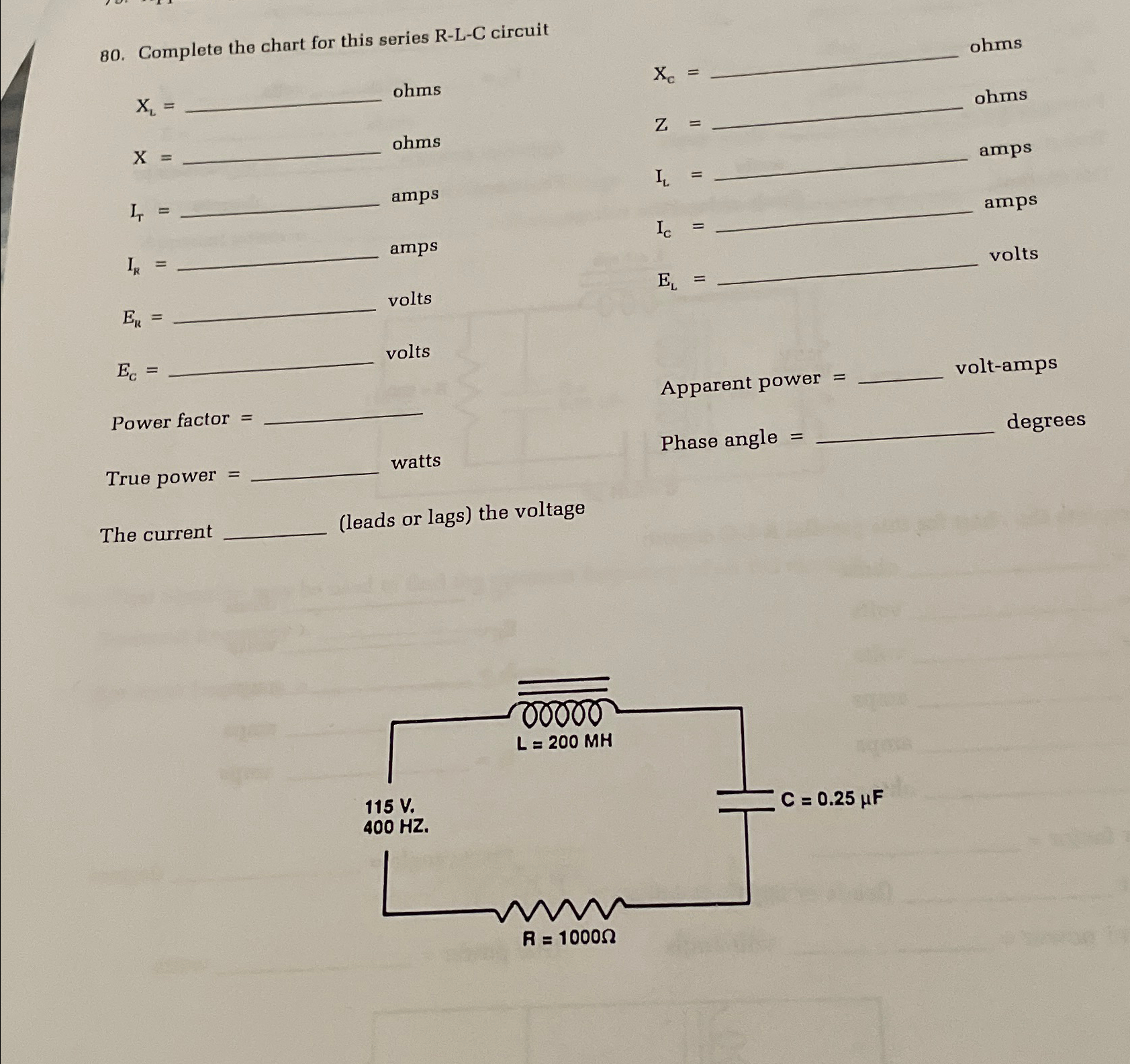 Solved Complete the chart for this series R-L-C | Chegg.com