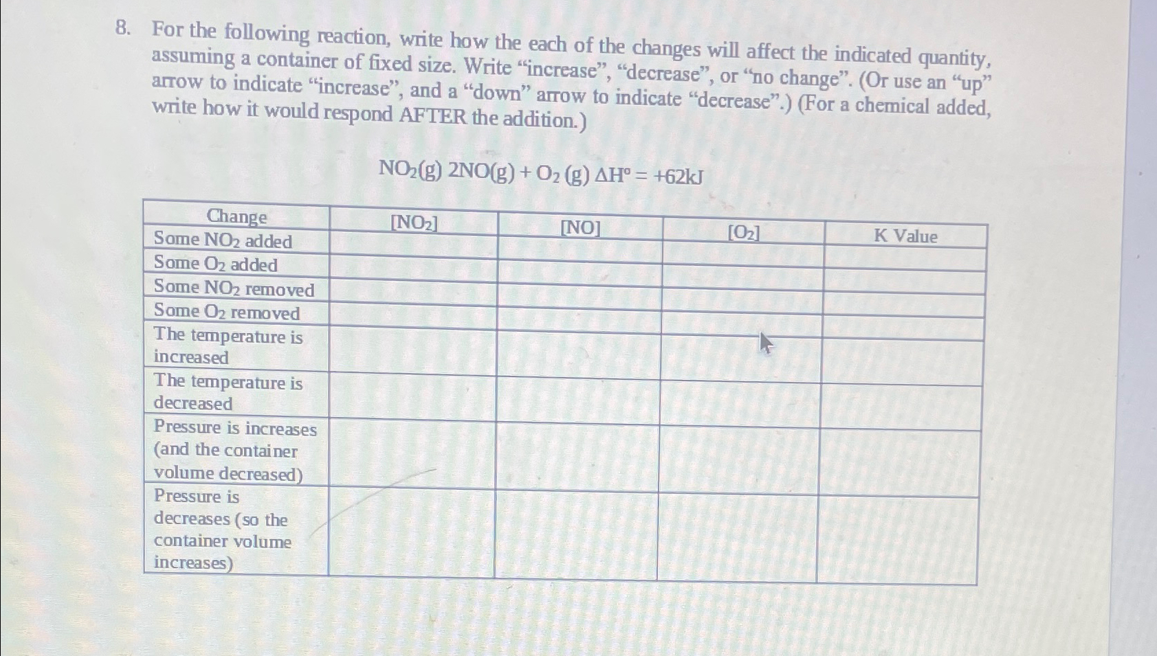 Solved For the following reaction, write how the each of the | Chegg.com
