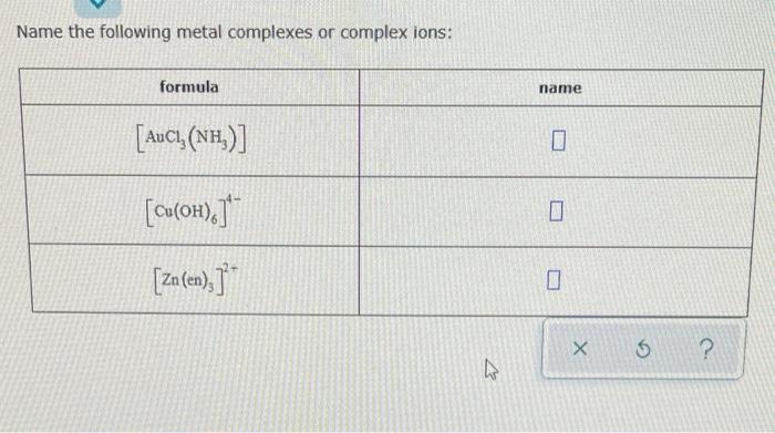 Solved Name the following metal complexes or complex ions: | Chegg.com