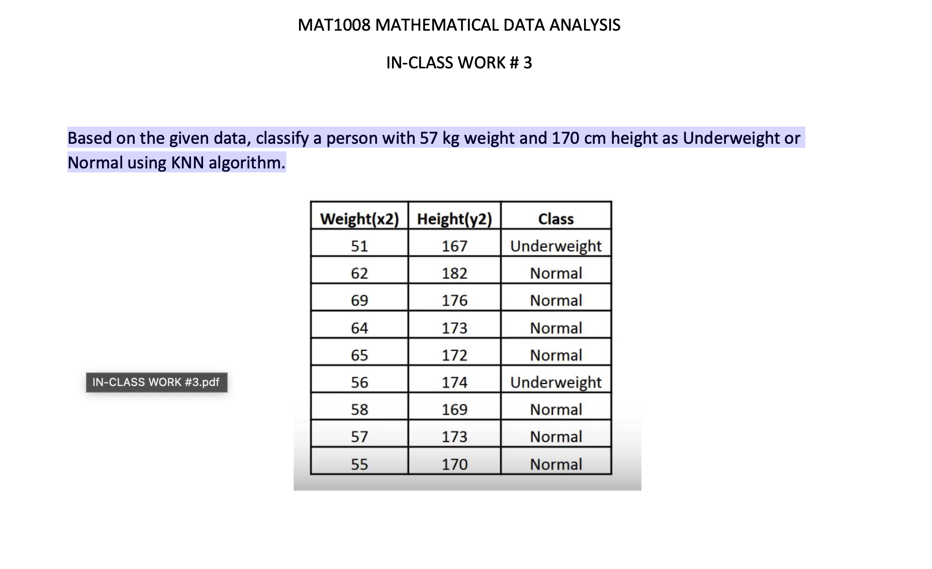 Solved Based on the given data, classify a person with 57kg | Chegg.com